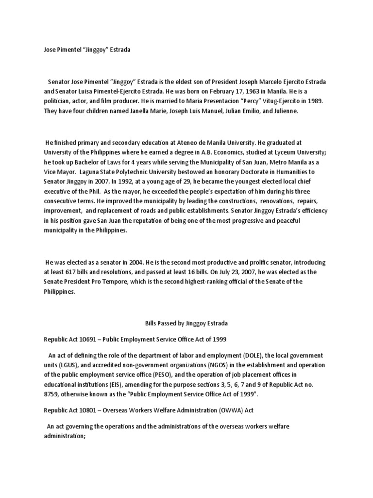 Jinggoy Estrada: Senator and Lawmaker | PDF | Politics | Social Science