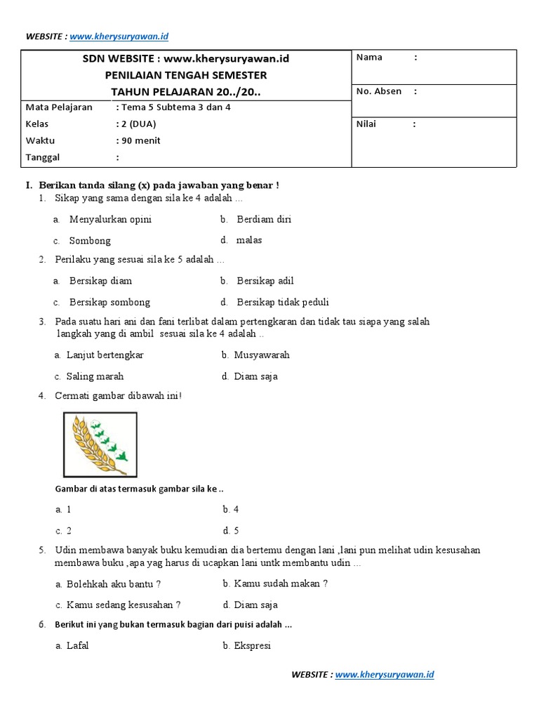 Soal PTS KELAS 2 (Tema 5 Subtema 3 Dan 4) - WEBSITE WWW - Kherysuryawan.id | PDF