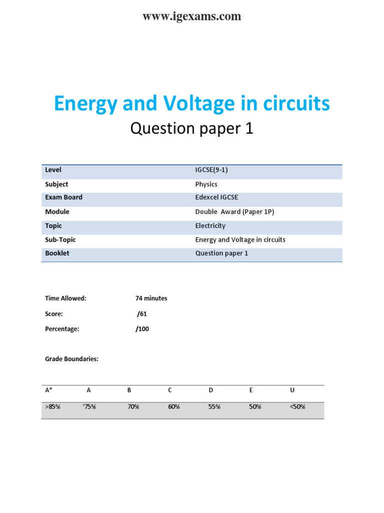 Edexcel IGCSE Physics Paper 1P | PDF | Electrical Resistance And Conductance | Voltage