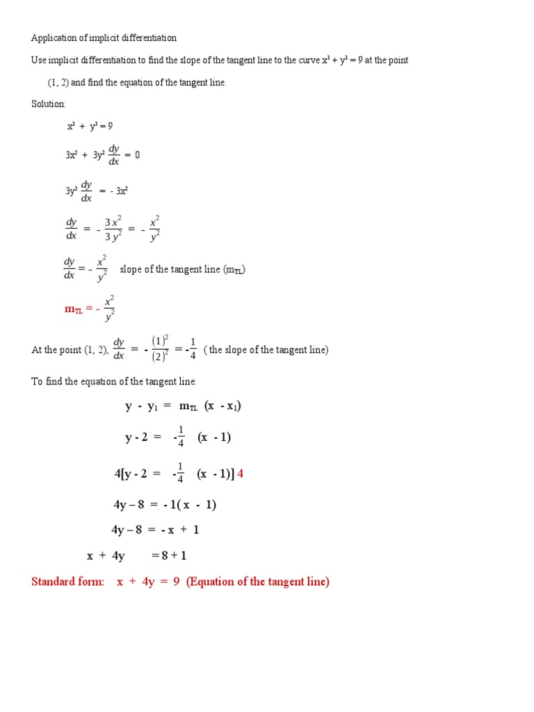 Implicit Differentiation Tangent Line | PDF