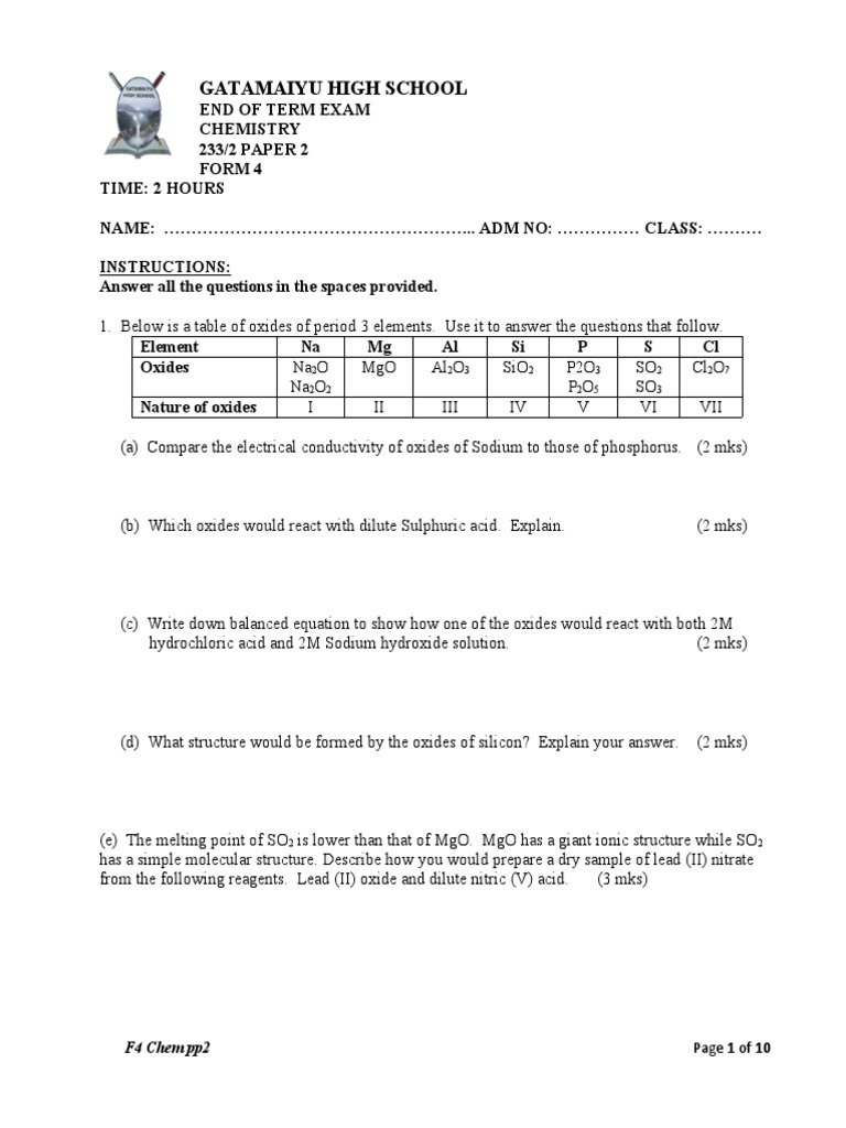 CHEMISTRY-PP2-Form-4-END TERM | PDF | Ammonia | Chemical Reactions