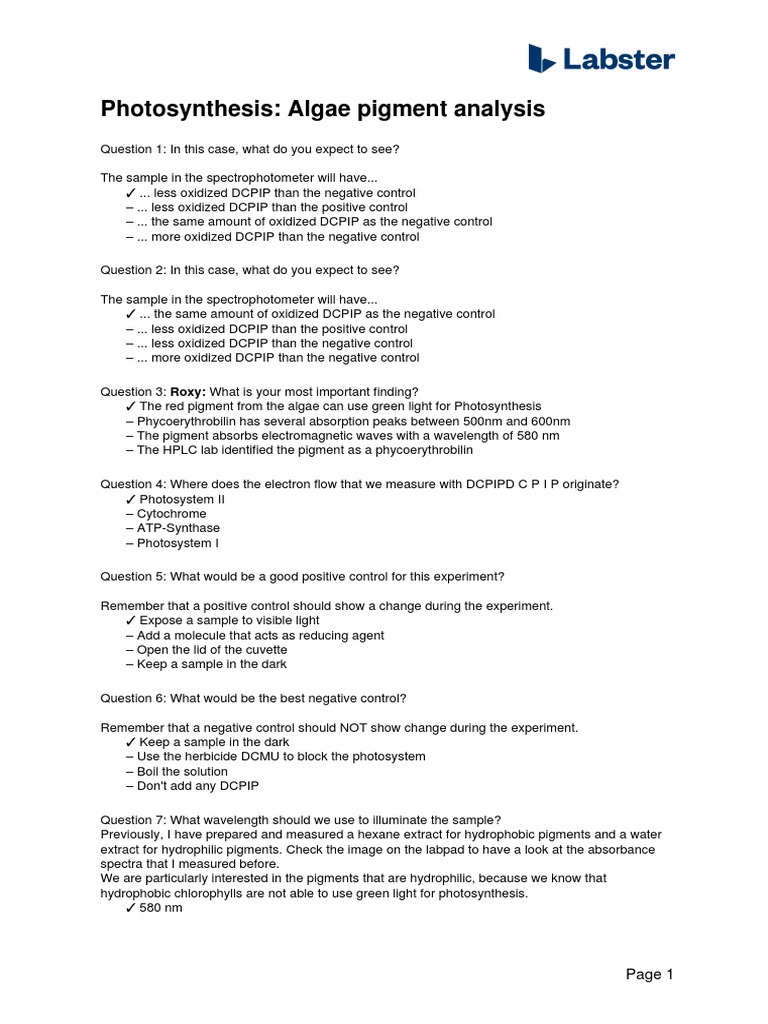 Questions Photosynthesis Algae Pigment Analysis | PDF | Photosynthesis ...