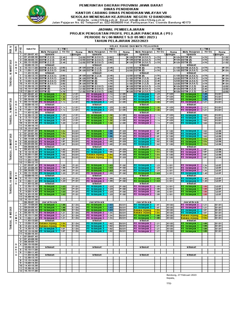 Jadwal p5 TK X 2022-2023 Periode I-II-III-IV-V-Vi RN 4 | PDF