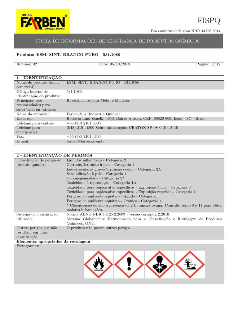 Detalhada Ficha de Segurança de Produto Químico fornece informações ...