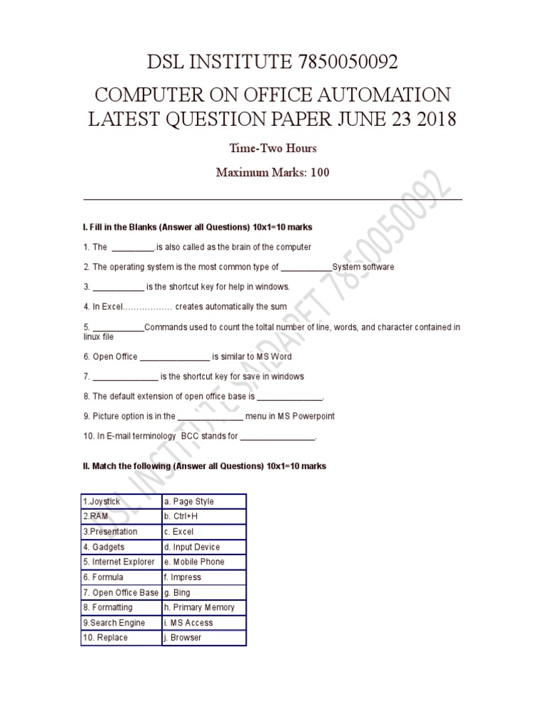 Office Automation Question Paper 2018 | PDF | Microsoft Word ...