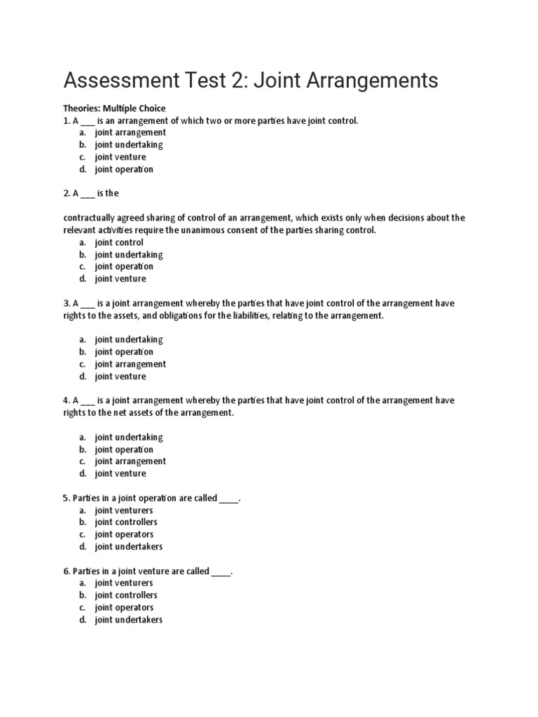 Joint Arrangements Assessment Test | PDF | Equity (Finance) | Joint Venture