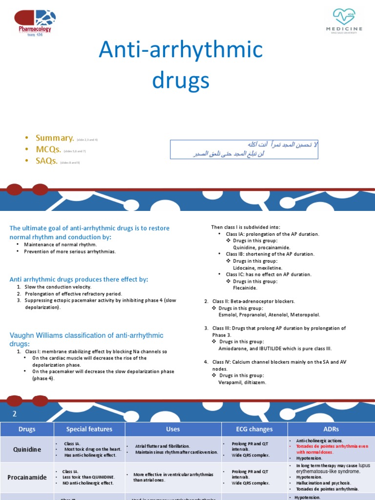 3,4 - Anti-Arrhythmic Drugs (Summary, SAQ and MCQS) | PDF | Cardiology | Cardiovascular Physiology