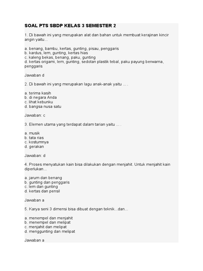 Soal Pts SBDP Kelas 3 Semester 2 | PDF Soal Pts SBDP Kelas 3 Semester 2 | PDF