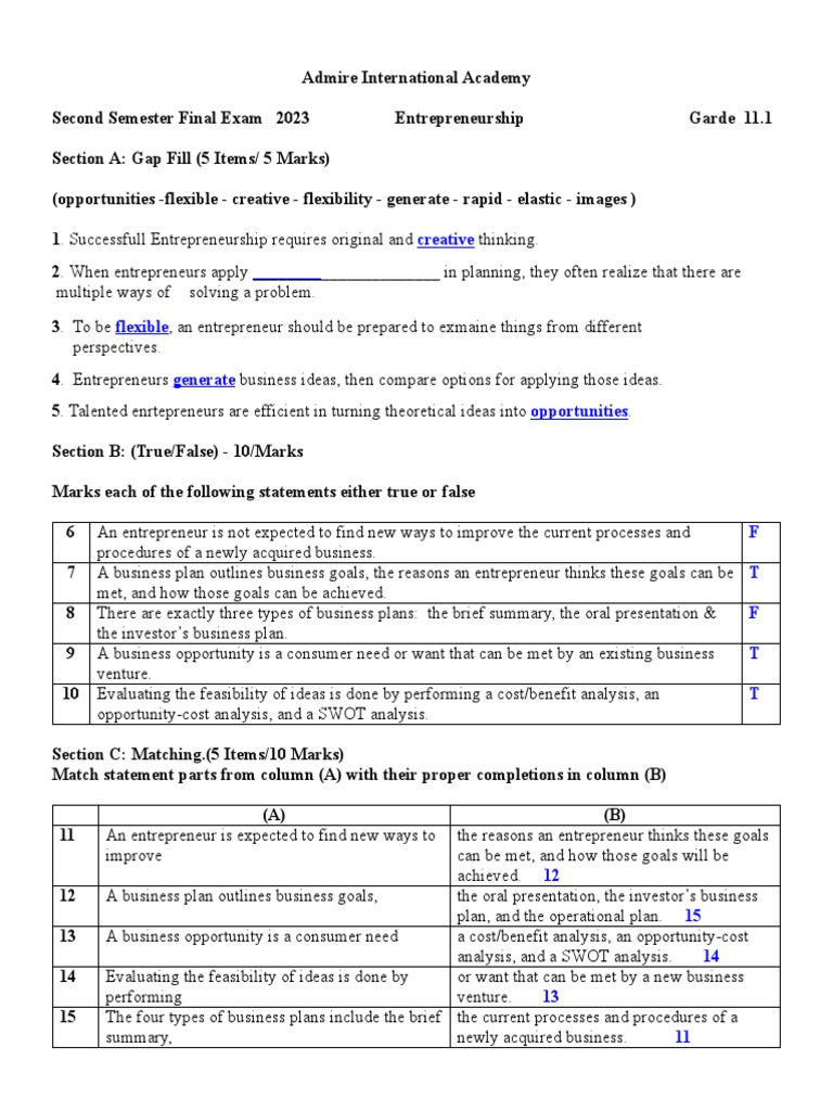 Grade 11.1 - 2nd Semester Final Exam Worksheet | PDF | Entrepreneurship | Risk