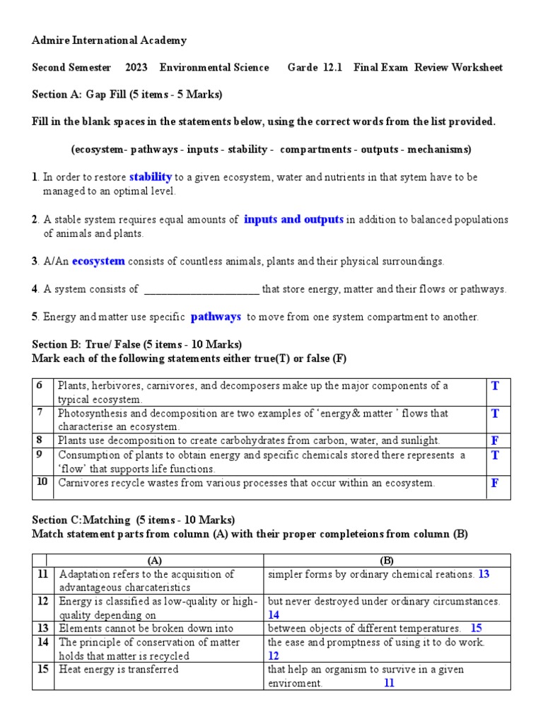 Grade 12.1 - Final Exam Review Worksheet | PDF | Ecosystem | Heat