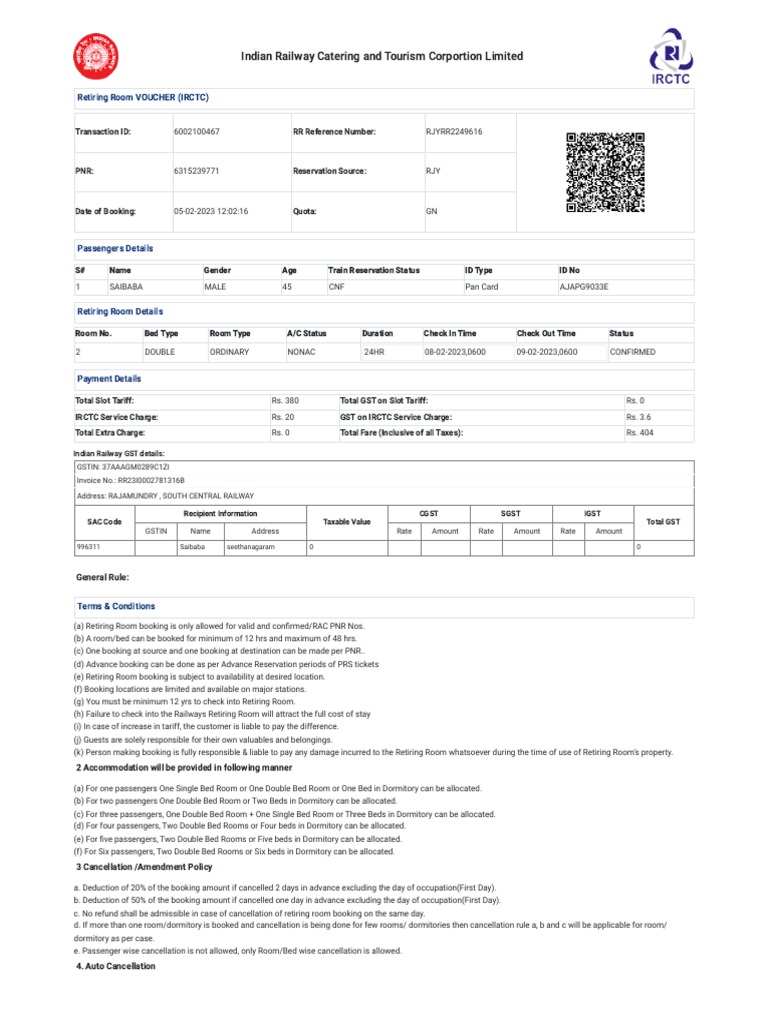IRCTC Retiring Room | PDF | Dormitory | Payments