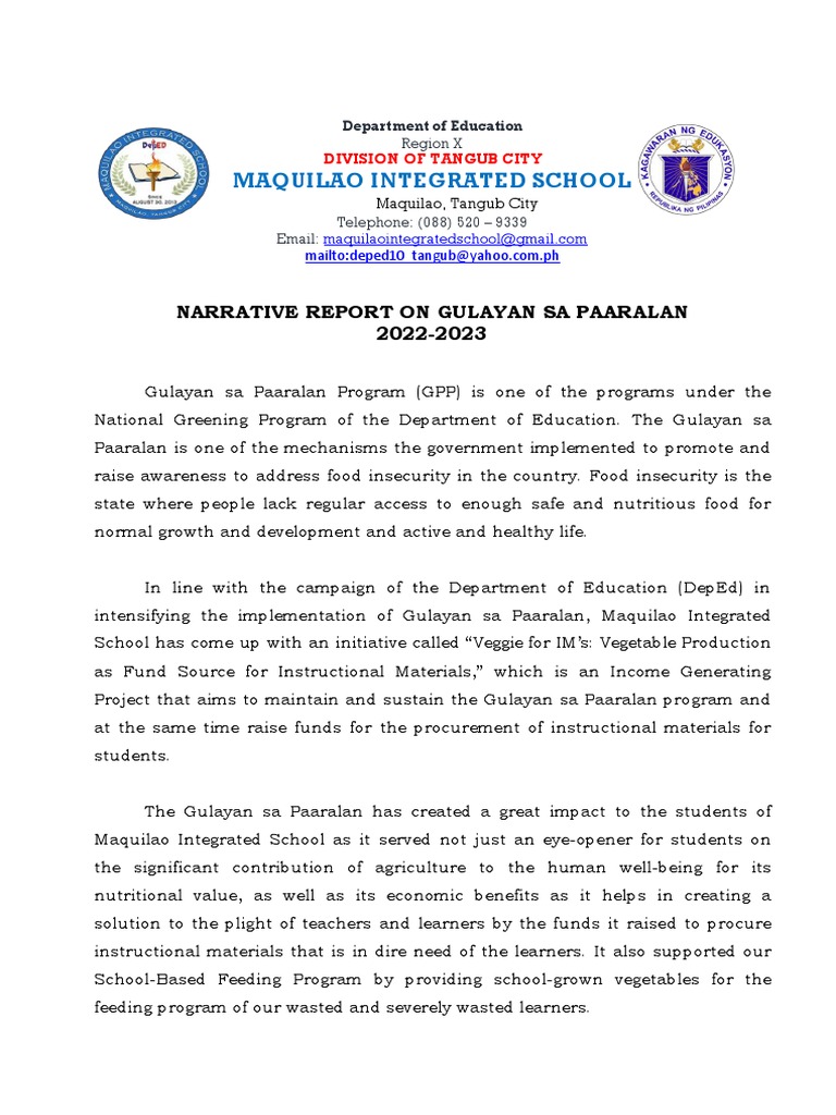 Narrative Report Gulayan Sa Paaralan | PDF | Food Security | Natural ...