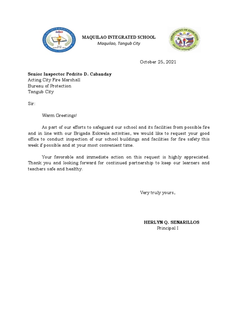 Request for Fire Safety Inspection at Maquilao Integrated School | PDF