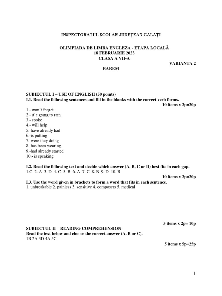 Oje Clasa A7a Varianta 2 Barem | PDF | Teaching Methods & Materials