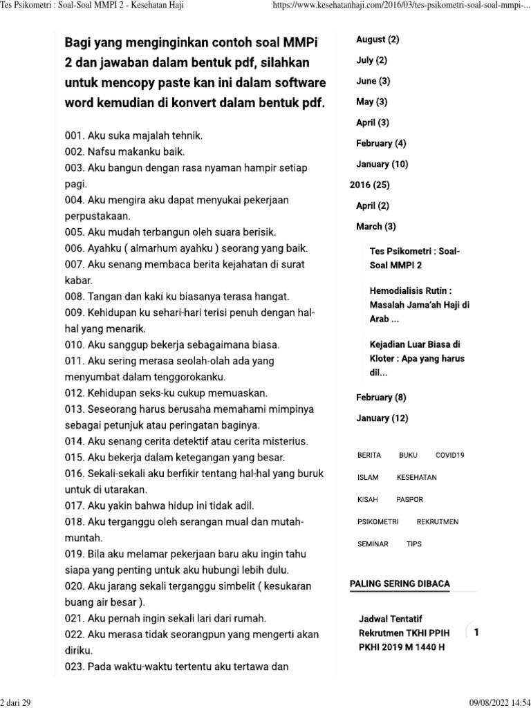 Soal-Soal MMPI 2 - Kesehatan Haji | PDF | Olahraga & Rekreasi