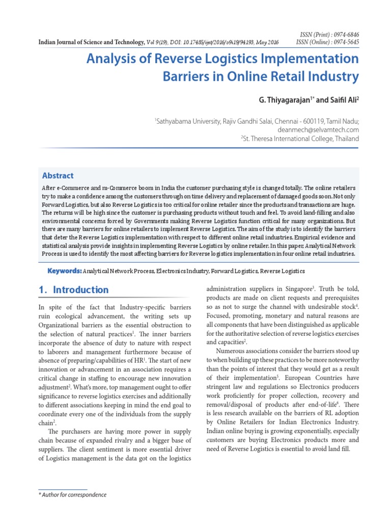 Analysis of the Key Barriers to Effective Implementation of Reverse Logistics Operations in the ...