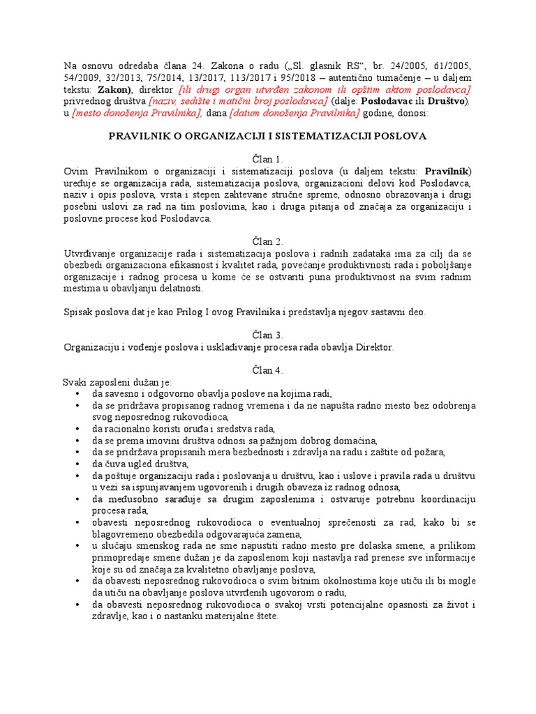 Pravilnik o Organizaciji I Sistematizaciji Poslova | PDF