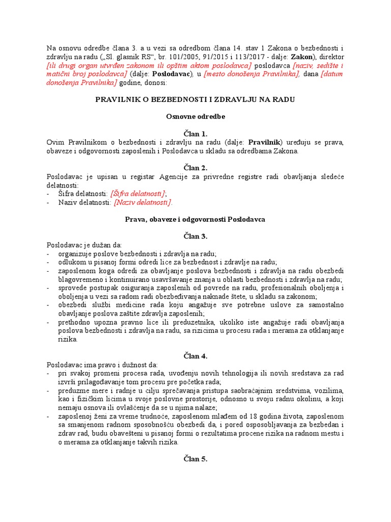 PRAVILNIK O BEZBEDNOSTI I ZDRAVLJU NA RADU | PDF