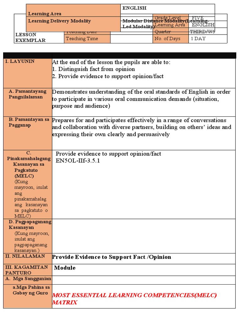 Cot Eng 5 Q3 W5 | PDF | Learning | Opinion