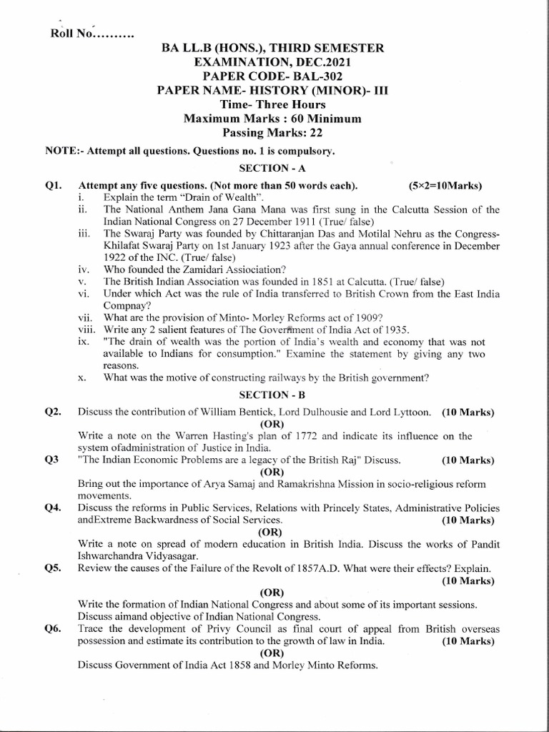 BA LLB III History (Minor) - III 2021 | PDF | British Raj | Indian ...