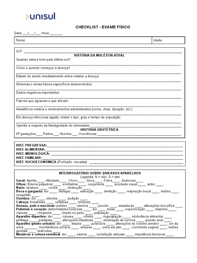 Exame Físico - Checklist | PDF | Pele | Crânio