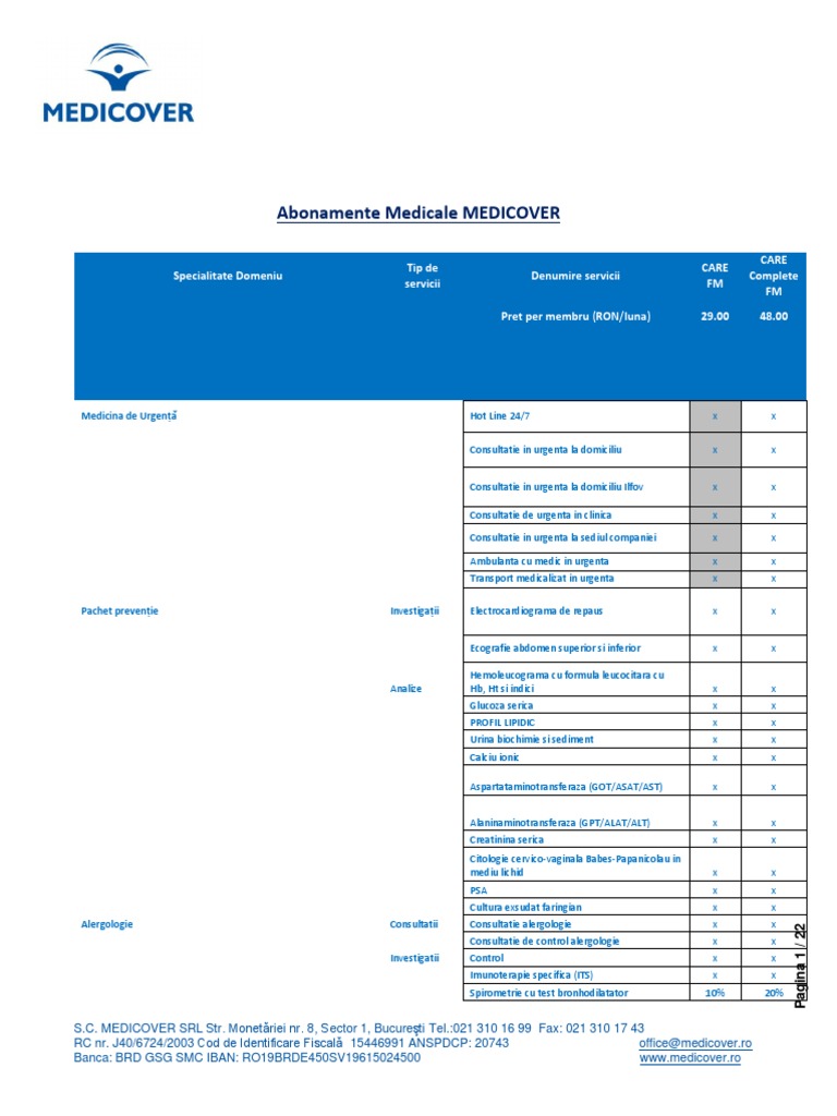 Abonamente Beneficii Medicale Medicover | PDF