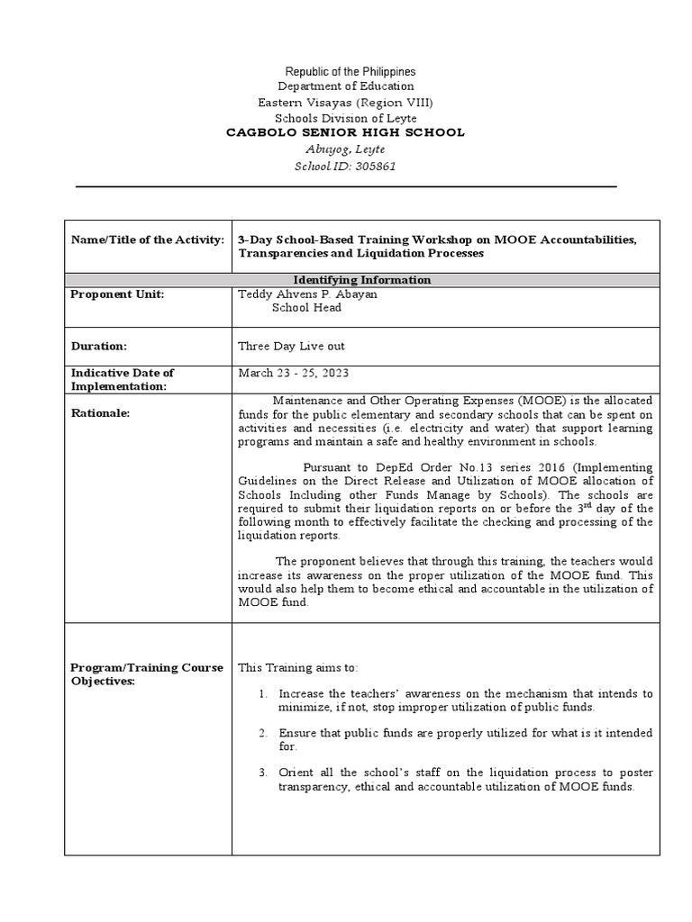 Mooe Training Design | Download Free PDF | Learning | Logistics