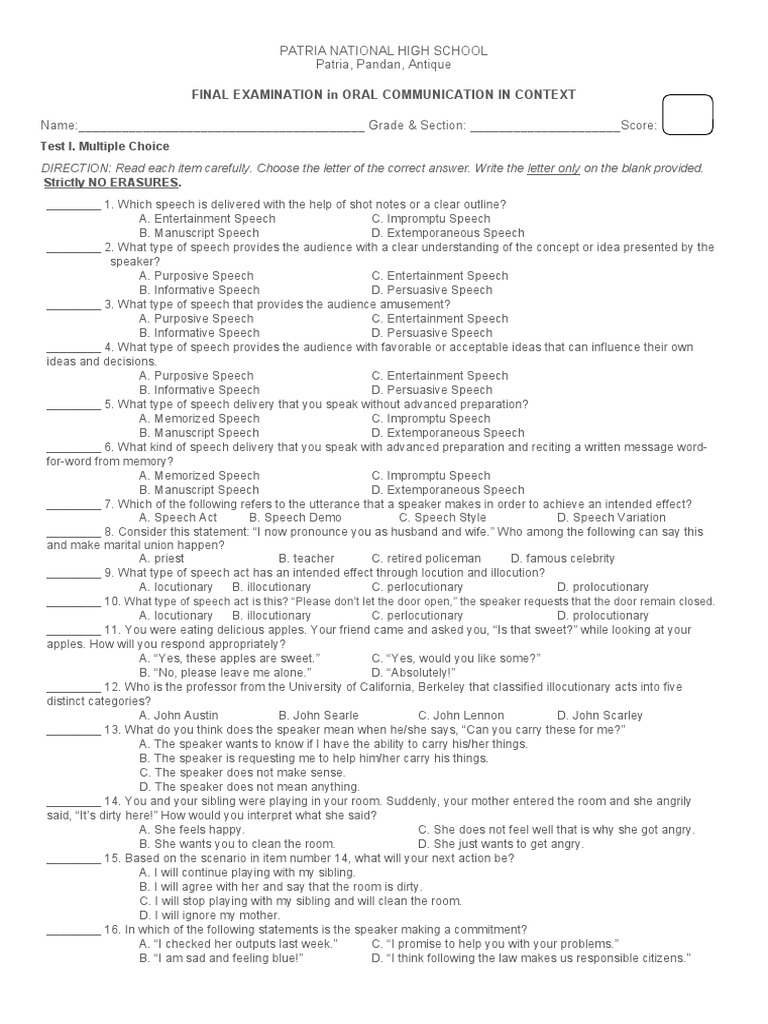 Final Exam in ORAL COMMUNICATION | PDF | Cognitive Science | Human ...