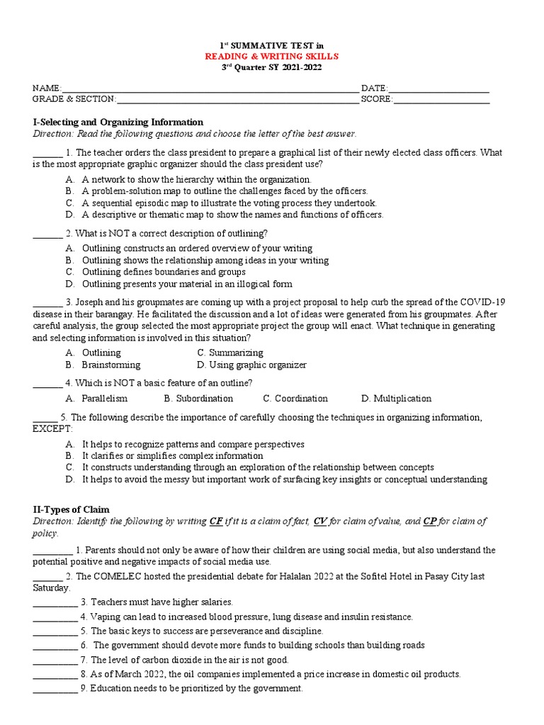 SUMMATIVE Test in Reading & Writing | PDF | Information | Cognitive Science