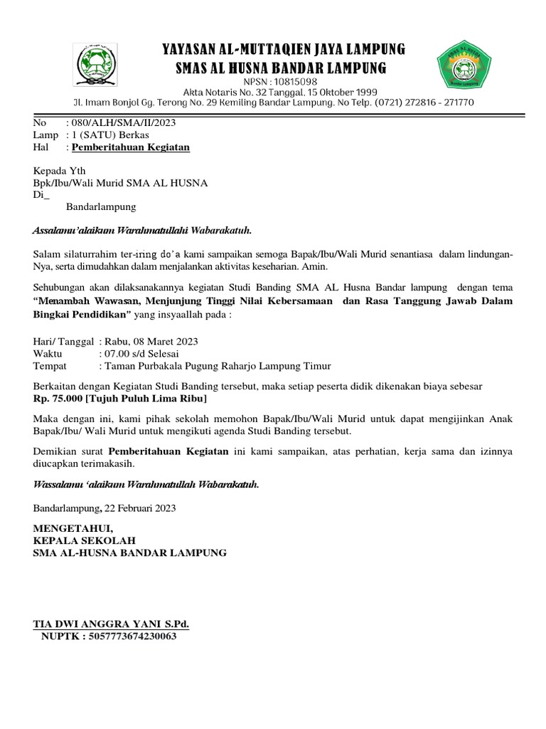 Surat Pemberitahuan Studi Banding Sma Al Husna-1 | PDF Surat Pemberitahuan Studi Banding Sma Al Husna-1 | PDF