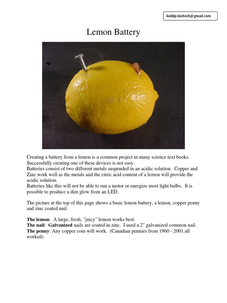 Lemon Battery: How It Works and Builds | PDF | Battery (Electricity ...