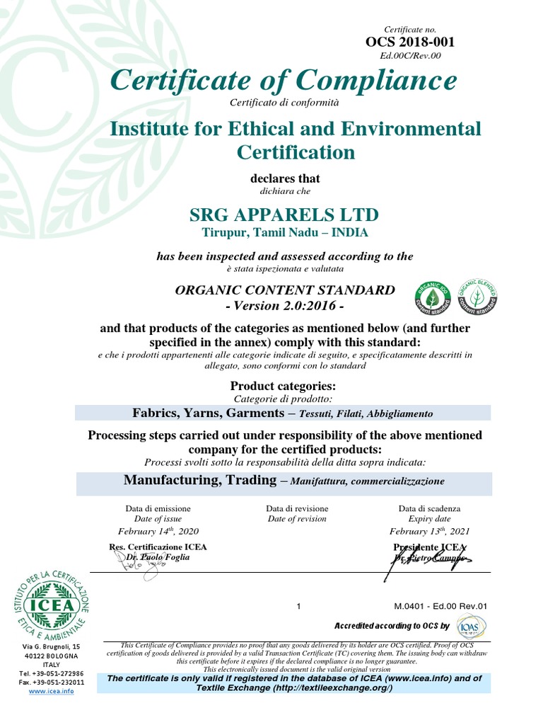 0402 OCS Certificate SRG 2018-001 E0C-R0 0220 | PDF | Textiles | Dyeing