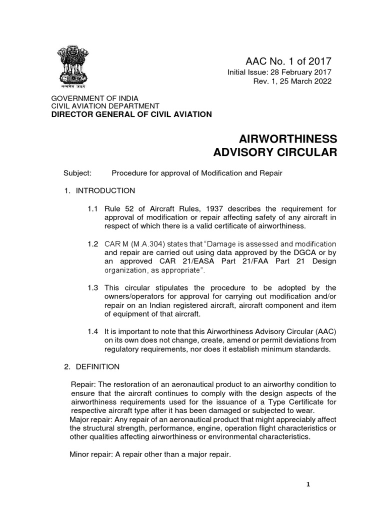 Procedure for Approval of Modification and Repair of Indian Registered Aircraft, Components, and ...