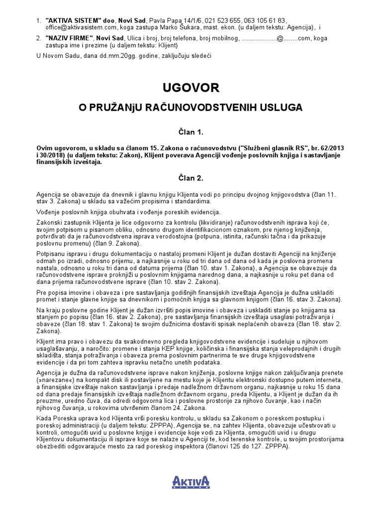 Ugovor O Pruzanju Racunovodstvenih Usluga | PDF