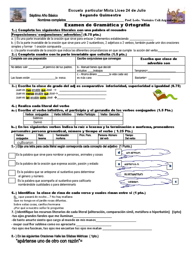 Examen de Gram y Ort II Quimestre 7mo | PDF | Verbo | Palabra