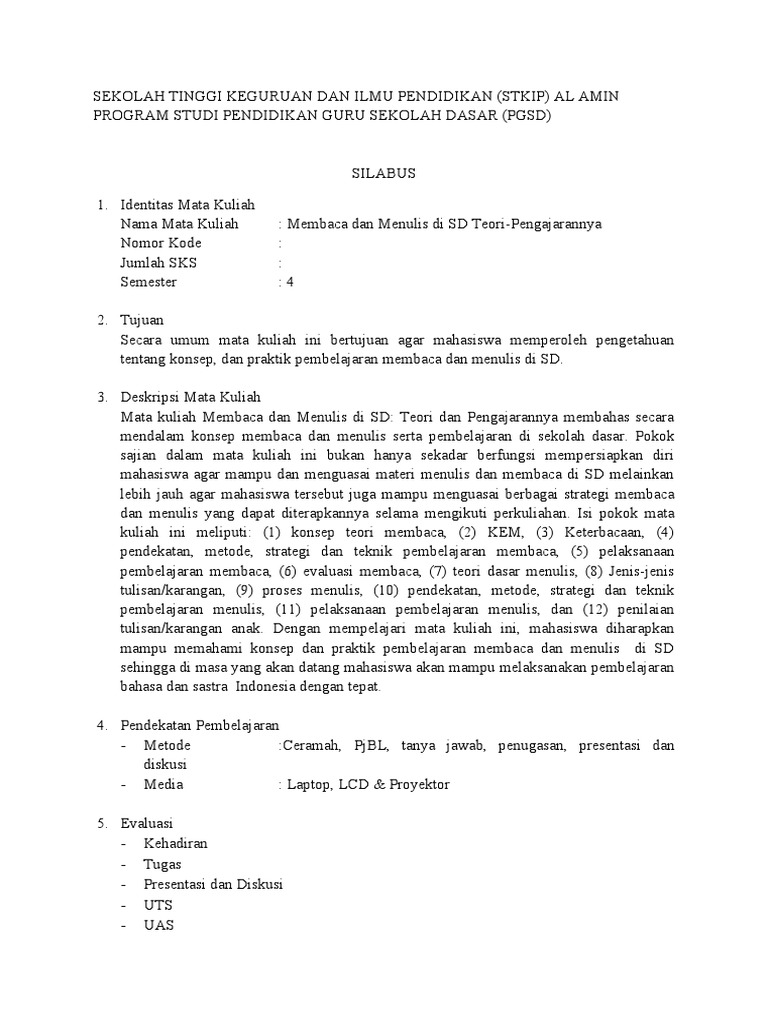 8 Silabus Membaca Dan Menulis Di SD | PDF | Karier & Perkembangan