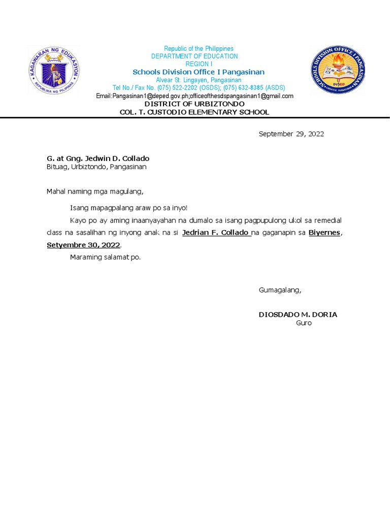 Letter To Parents | PDF