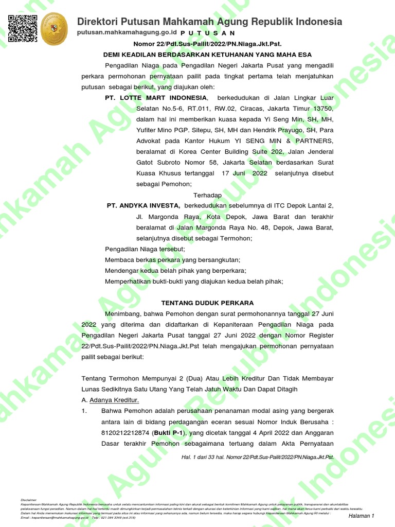 Putusan 22 PDT - Sus-Pailit 2022 PN - Niaga.jkt - PST 20221128012900 | PDF