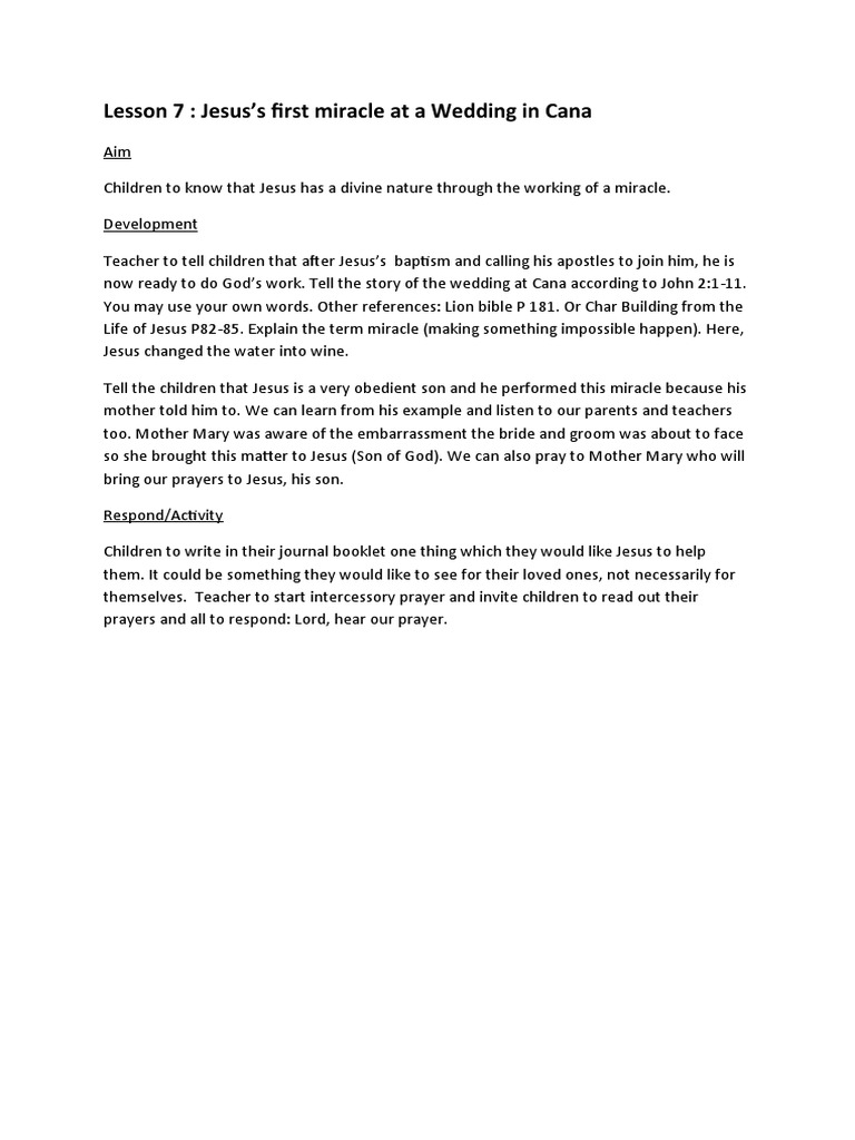 Lesson Template - Jesus First Miracle | PDF