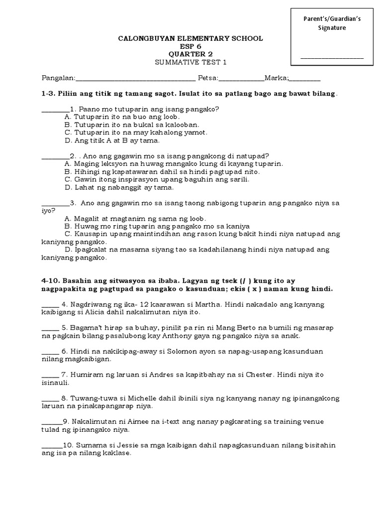 Summative Test 1-ESP 6-Quarter 2 | PDF