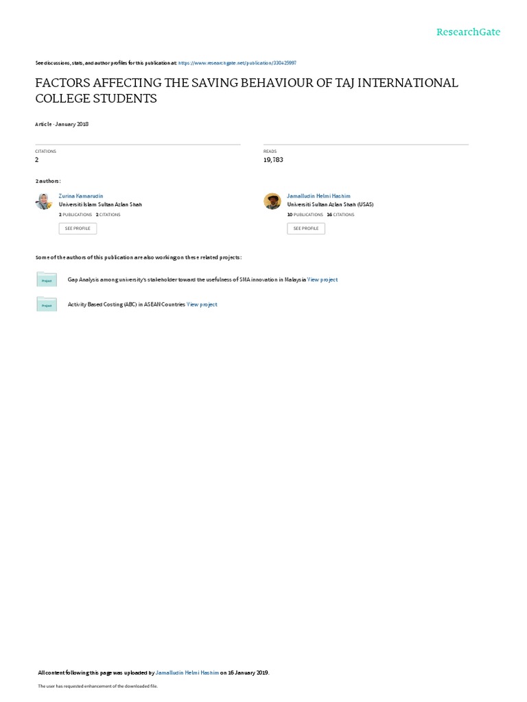 Factors Affecting The Saving Behaviour of Taj International College Students | PDF | Cost Of ...