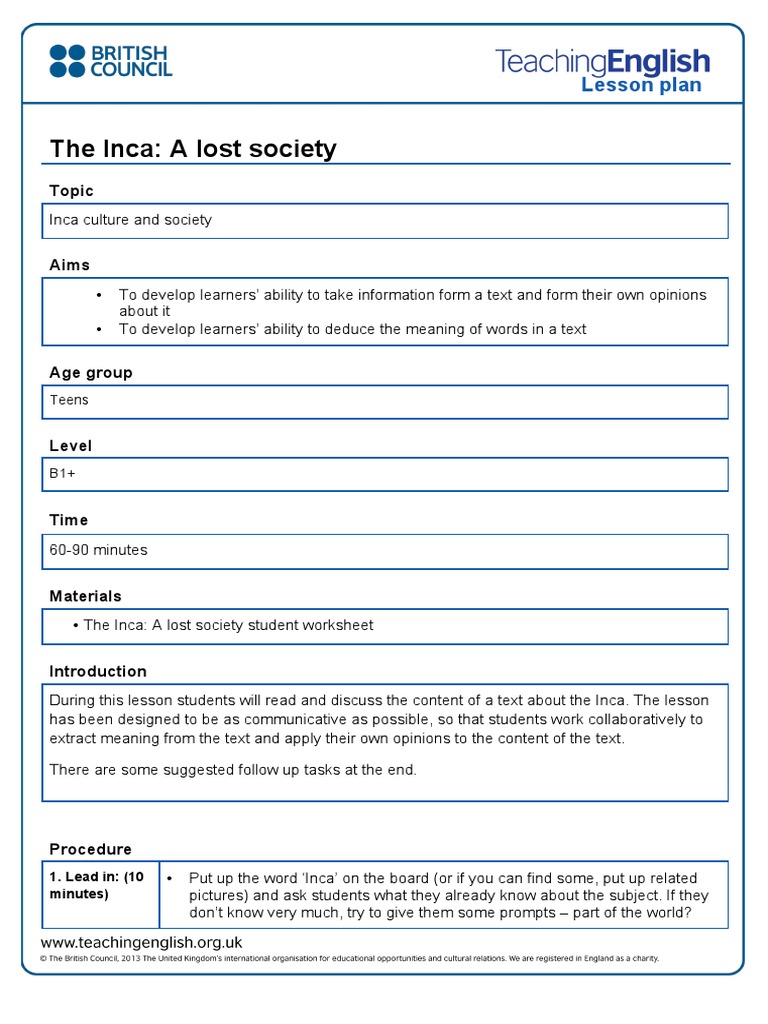 The Inca A Lost Society Lesson Plan | PDF | Cognitive Psychology | Learning