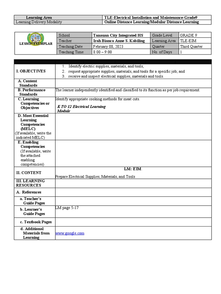 Detailed Lesson Plan - 1st Lesson | PDF | Electrical Wiring | Electric Power