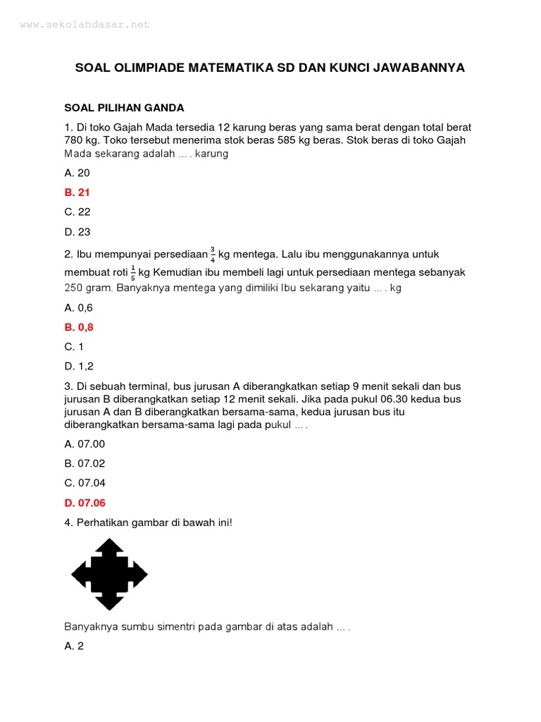 Soal Olimpiade Matematika SD Dan Kunci Jawabannya | PDF