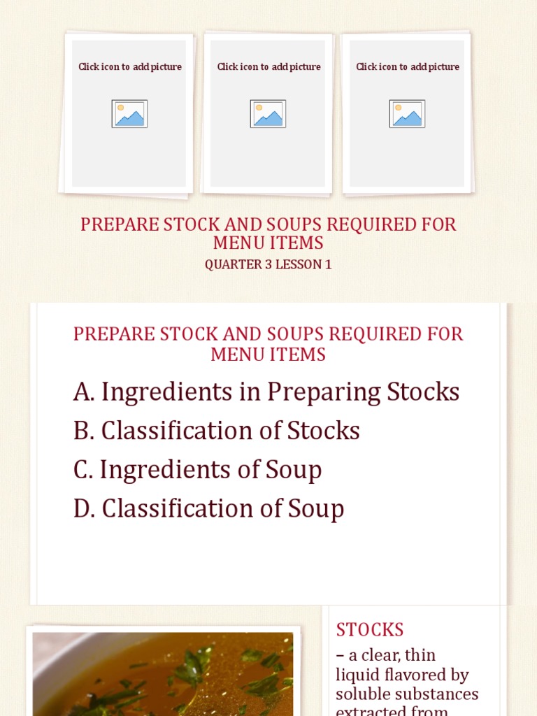 q4 M - 1 Soups and Stocks | PDF | Stock (Food) | Soup