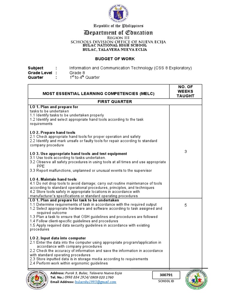 ICT 8 Budget of Work | PDF | Specification (Technical Standard ...