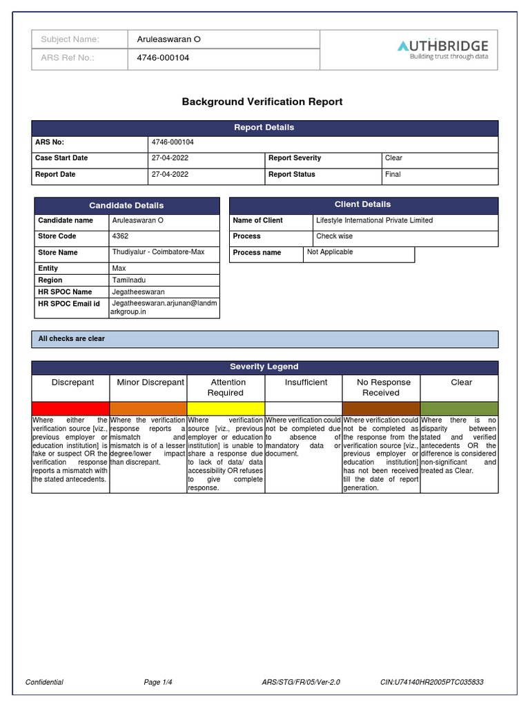Aruleaswaran O Background Verification Report | PDF | Databases | Criminal Record