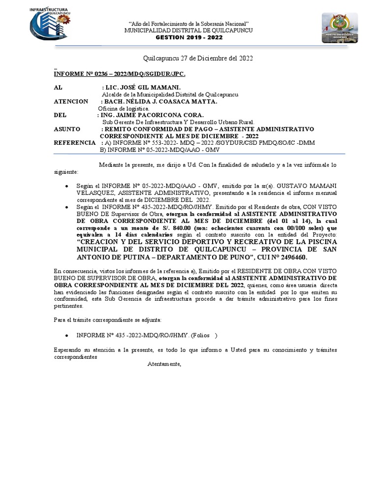 Informe #044 - Remito Conformidad de Pago - Asistente Tecnico Ticani Agosto | PDF | Gobierno