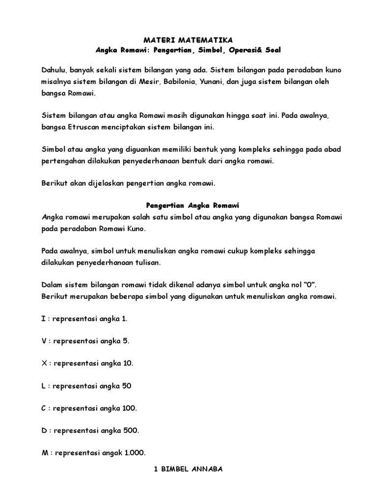 Angka Romawi: Pengertian dan Operasi | PDF