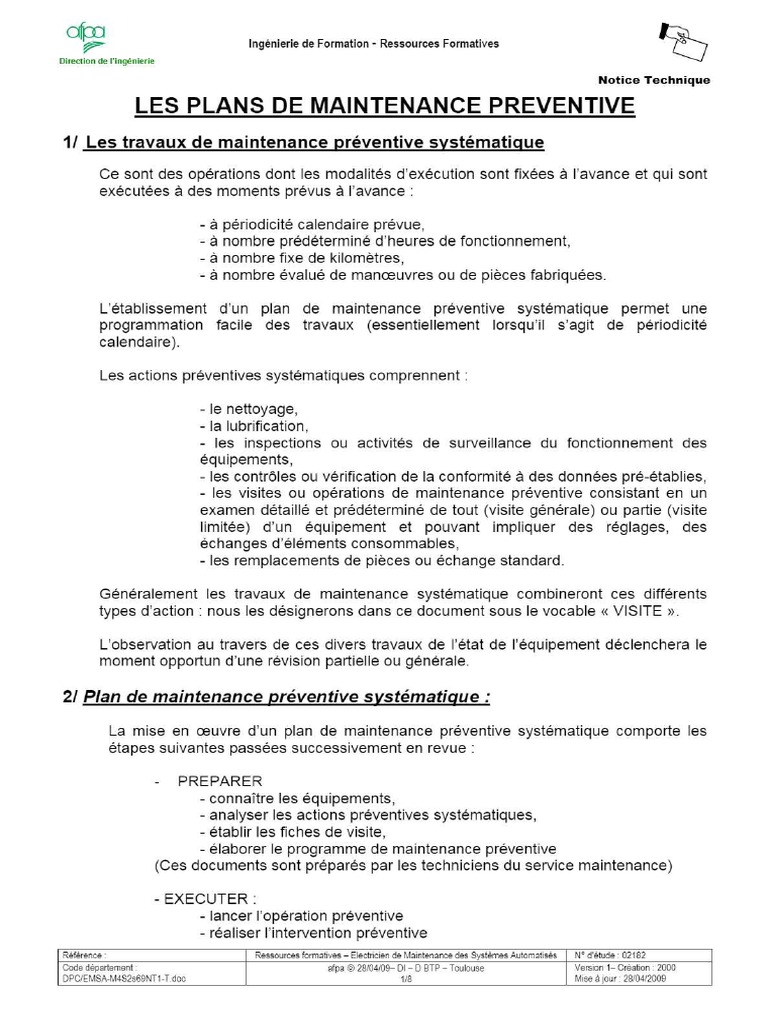 LES PLANS DE MAINTENANCE PREVENTIVE - PDF Téléchargement Gratuit | PDF